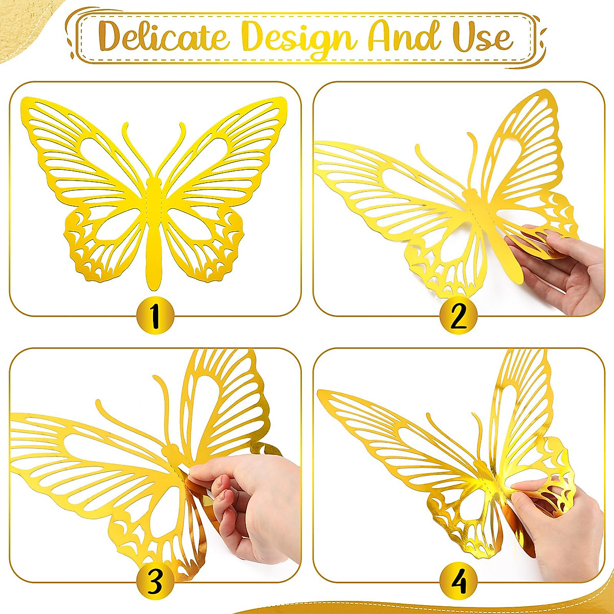 Yeaqee Large Butterfly Party Decoration 3D Butterflies Wall Decor Set 2 Sizes 3 Styles Large Stickers for Birthday Baby Shower Nursery Bedroom Wedding Decor Cutouts(Gold)