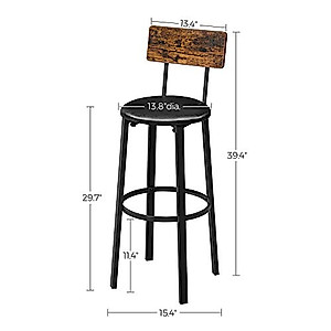 VASAGLE Bar Stools, Set of 2 PU Upholstered Breakfast Stools, 29.7 Inches Barstools with Back and Footrest, Simple Assembly, for Dining Room Kitchen Counter Bar, Rustic Brown and Black ULBC069B81