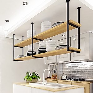 Ceiling Shelf, Floating Shelves Kitchen Storage Wine Rack, Industrial Ceiling Mount Shelf 2 layer, Wine bottle, Wine Glass, Dish Storage Rack, for Restaurant, Bar, Kitchen (31.5×11.8×23.6in, Black)