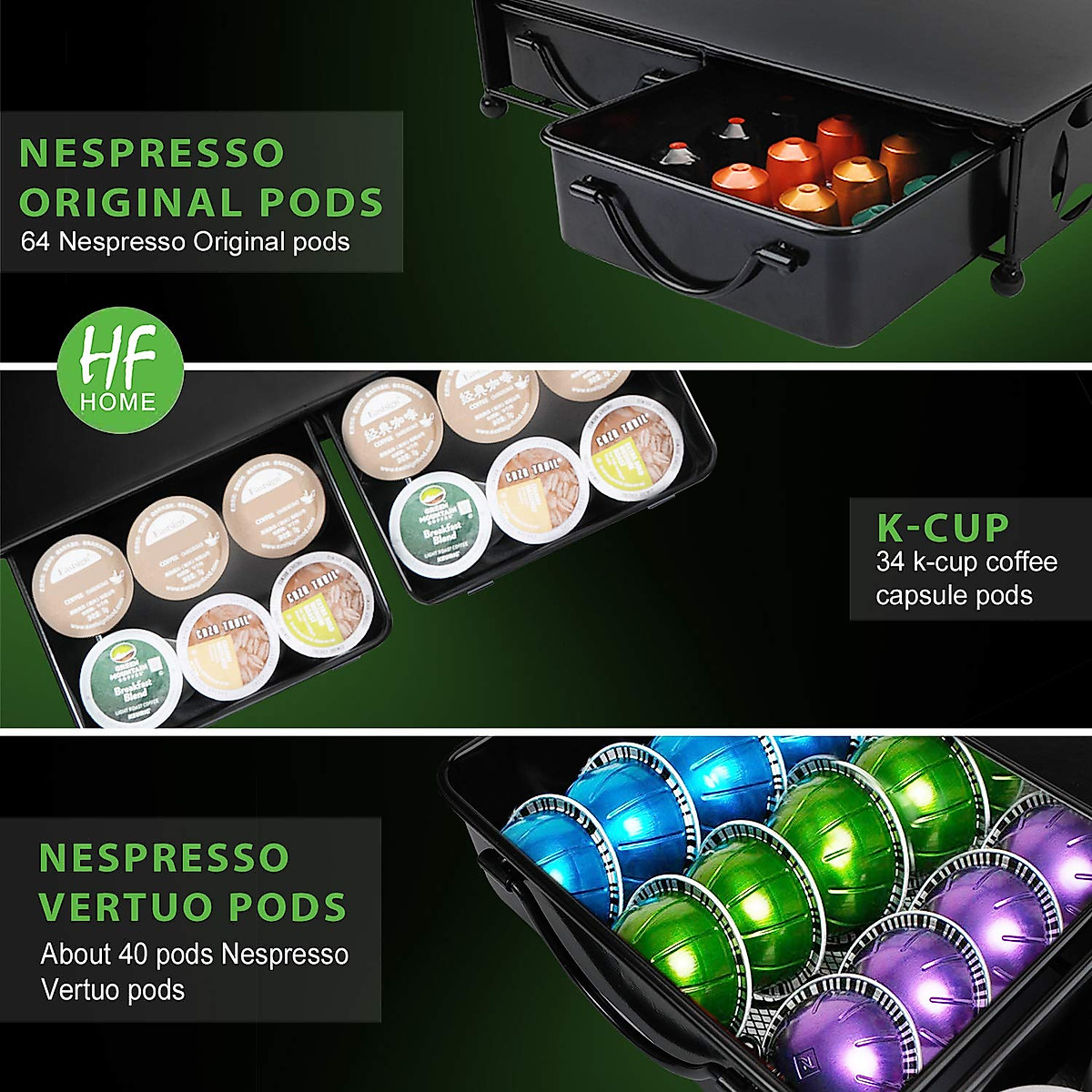 Coffee Vertuo Pod Holder, Capsules Stand Storage Drawer for K Cup Holders, Pod Holders Station for Counter Organizer for K-Cup Pods, Nespresso OriginalLine, Teabags Home Kitchen Bar -Black Metal