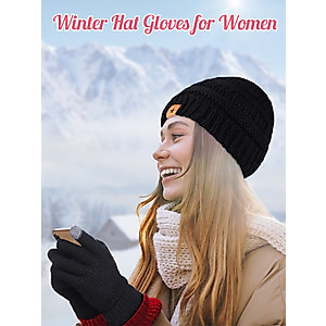 6 Pcs Winter Hats Gloves Set, 3 Pcs Winter Knitted Hats and 3 Pairs Warm Touchscreen Gloves for Women and Men Outdoor (Black, Gray, White)