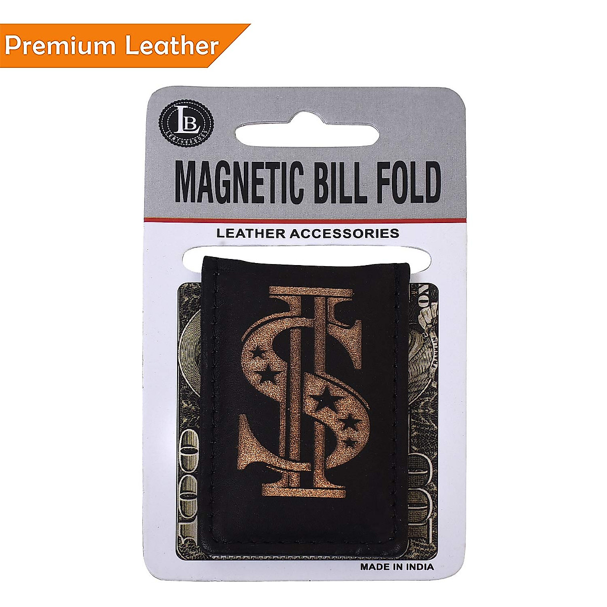 Leatherboss Genuine Leather Dollar Design Bifold Money Clip Wallet, Black