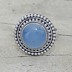 NOVICA Artisan Handmade Blue Chalcedony Cocktail Ring Round Sterling Silver India Gemstone [ring Front 0.3 in H x 0.9 in Diam. Band Width 3 mm W] ' Azure Skies'
