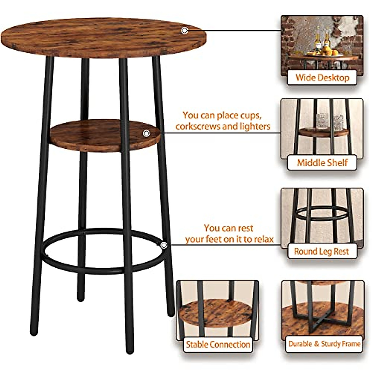 LTTROMAT 3 Piece Pub Table Set, Round Bistro Table and Bar Stool, Kitchen Counter Height Dining Table with Storage Shelves, Pu Cushion Chairs Set of 2, Modern Bar Table Set for Small Spaces
