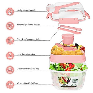 Triiter 55-oz Salad Lunch Box, Pink, BPA-Free Plastic, Leak-Proof, Convenient Compartments, Extra-Large Capacity