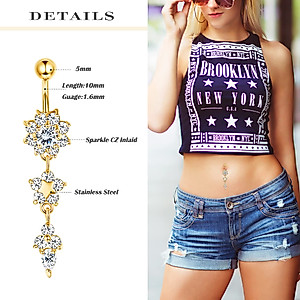 FIBO STEEL 14G Belly Button Rings Dangle 316L Stainless Steel Belly Rings for Women Navel Piercing Jewelry 12 Pcs Gold