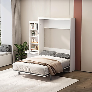 RUNWON Morden Deisgn Full Size Vertical Murphy Bed Wall Bed with Shelf and Drawers for Kids Adults Bedroom,Space Saving Hidden Bed Gas Struts