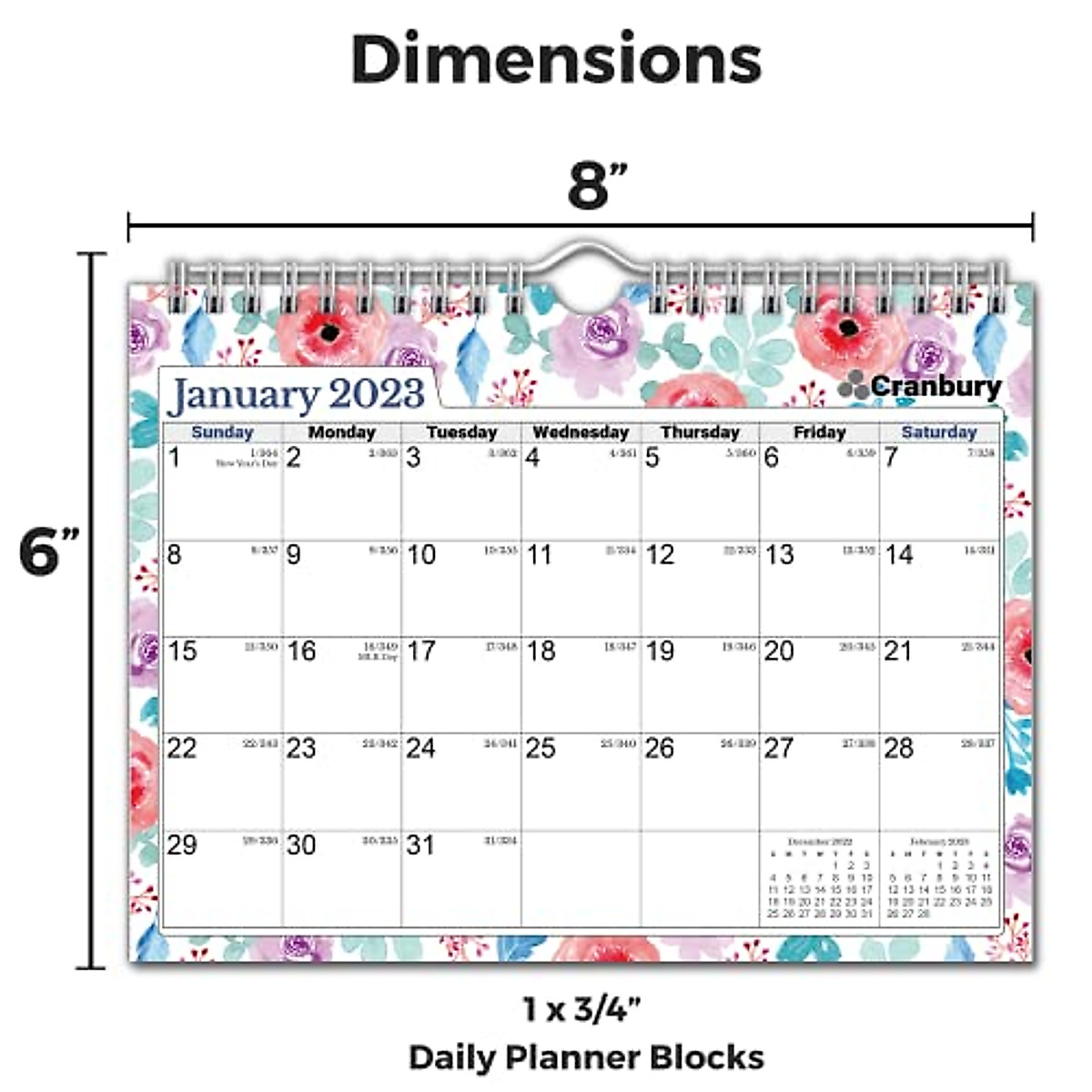 CRANBURY Small Wall Calendar 2023 - (8x6", Floral) Use to Dec 2023, Mini Wall Calendar 2023, Spiral Flip Calendar, 6x8 Bulletin Board Calender, Includes Stickers