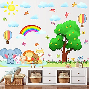 KOKOLAP Tree Animal Wall Stickers,Forest Animal Wall Decal Baby Room Decor,Nursery Wall Decor Rainbow Wall Stickers Peel and Stick,Elephant Bear Wall Sticker Kids Room Bedroom Classroom Playroom Decor