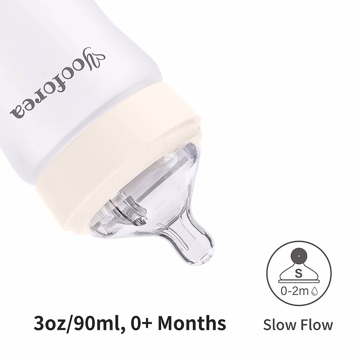 Yooforea Silicone Coated Glass Baby Bottle, 0M+ Slow Flow Nipple I Anti-Colic, Wide Neck, Stable Base I Medical-Grade Silicone Coating for Shatter Protection, BPA BPS PVC Free (2 Pack, 3 Ounce-Cream)