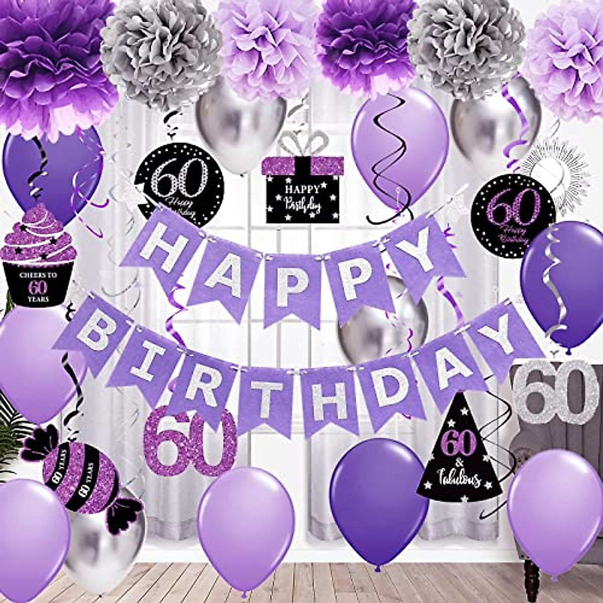 60th Birthday Decorations Women Purple Silver/Women 60th Birthday Party Decorations Purple Silver Black Foil Hanging Swirls with Balloons for Women 60 Birthday Party Supplies
