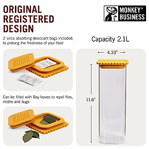 Monkey Business GLASTA Glass Food Container with Airtight Lid, Clear Glass Food Storage Jar with Silicone Lid and Moisture Absorber, Pantry Containers for Pasta Coffee Cereal (1 Pack)