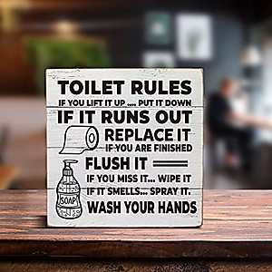 Rustic Toilet Rules If You Lift It up Wooden Box Sign Desk Decor Bathroom Quote Wood Box Sign for Home Bathroom Toilet Shelf Table Decoration 5 X 5 Inch