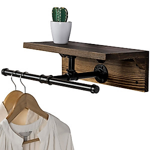 MyGift Wall Mounted Garment Rack with Top Rustic Burnt Solid Wood Shelf, Industrial Matte Black Metal Pipe Storage Clothing Hanger Rod and Display Shelf