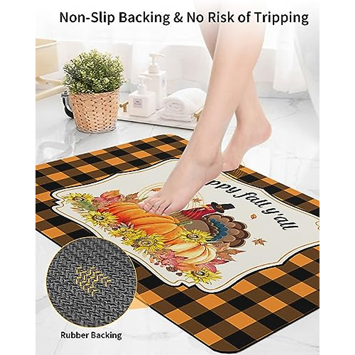 Bathroom Floor Shower Mat, Non-Slip Small Rugs - Easy to Clean, Thanksgiving Turkey Fall Pumpkin and Sunflowers Durable Bath Rug 18"x30" Washable Quick Dry Diatomaceous Earth Mats for Bathtubs