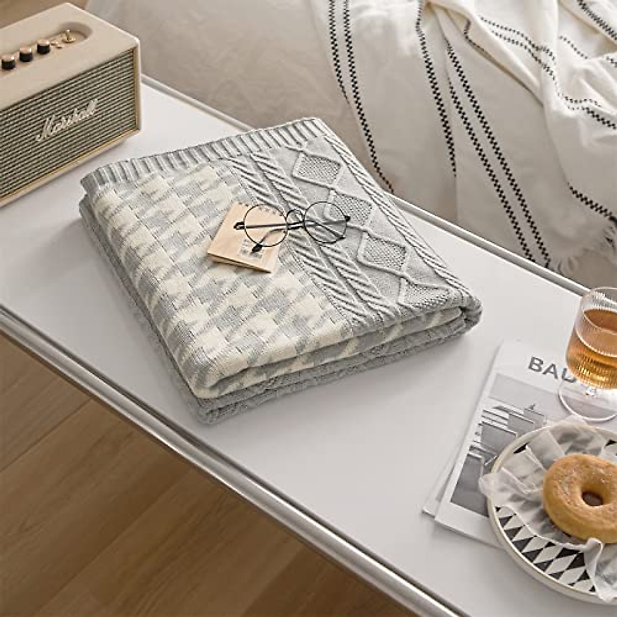 GunziStreet 100% Pure Cotton Knitting Throw Blanket Houndstooth Thousand-Bird Pattern Splicing Nordic Style Soft Warm Home Decor for Bed Couch Bedroom (Light Gray, 51x63)