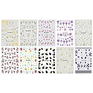JMEOWIO 10 Sheets Spring Flower Nail Art Stickers Decals Self-Adhesive Pegatinas Uñas Summer Daisy Floral Nail Supplies Nail Art Design Decoration Accessories