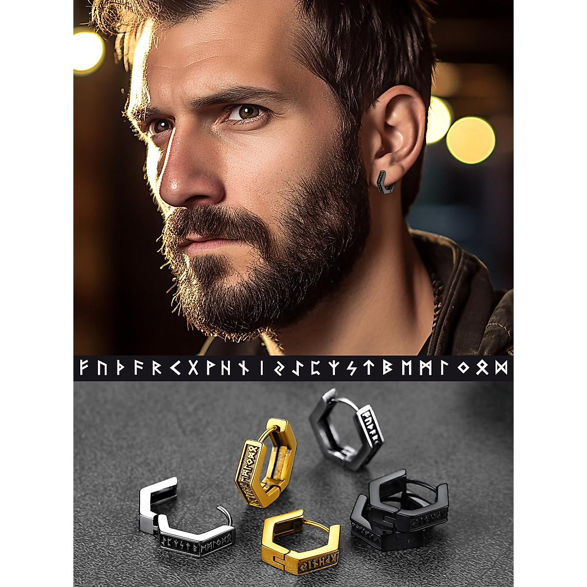 Vintage Rune Hoop Earrings for Male Black Punk Norse Vikings Stuff Amulet