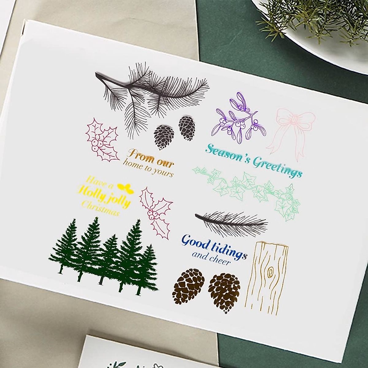 LANGFON Pine Trees Pine Cone Fruit Leaves Bowknot Clear Stamps for Card Making Decoration DIY Scrapbooking, Season Greeting Words Silicone Transparent Seal Stamps for Embossing Album Decor Craft