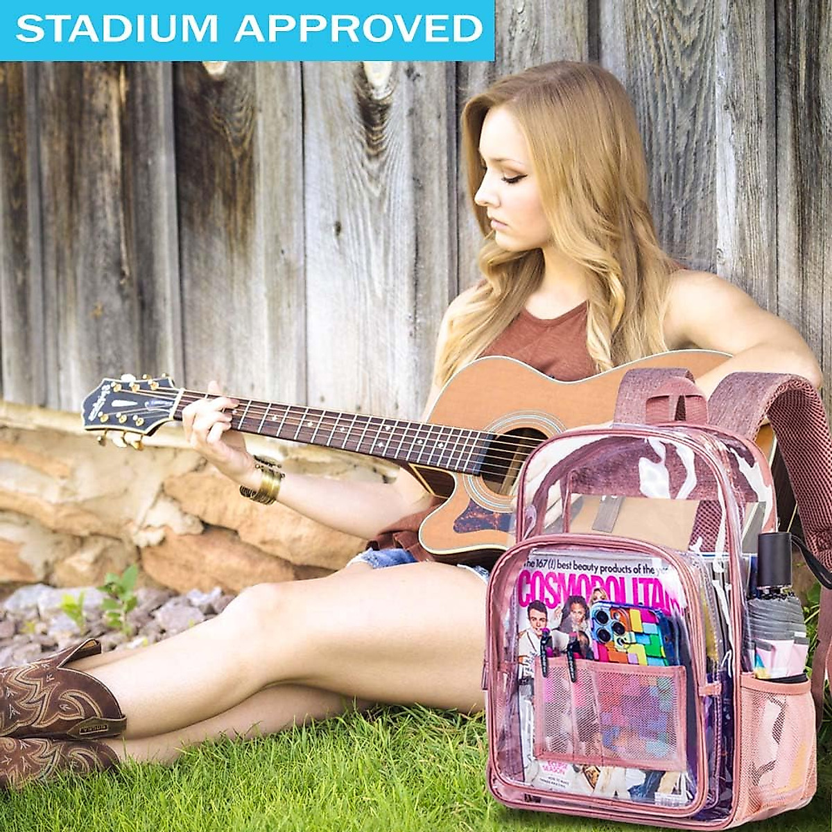 Clear Backpack, Heavy Duty Transparent Bookbag, See Through PVC Backpacks for Women - Pink