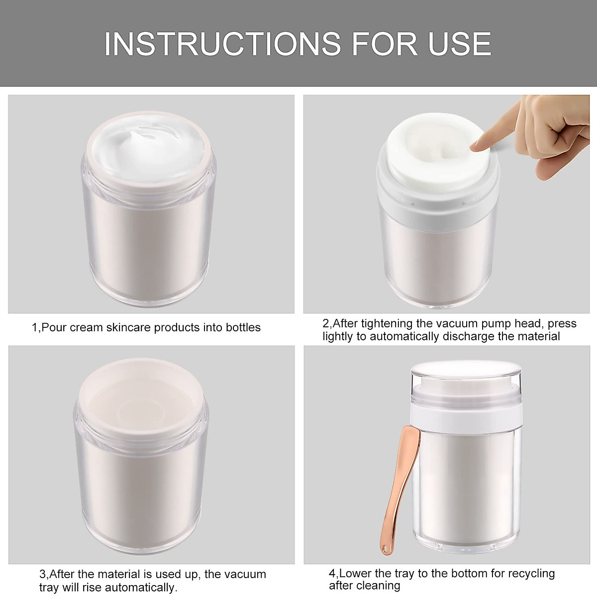 USRommaner 2 Pack 3.34 oz Airless Pump Jar,Empty Acrylic Vacuum Jar with Press Pump,Portable Travel Face Cream Lotion Container Pot for Makeup,Essence,Moisturizer,Eye Cream,Gel-Big,White