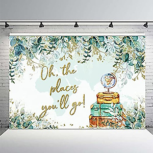 MEHOFOND 7x5ft Oh The Places You'll Go Backdrop Baby Shower Party Decorations Summer Greenery Eucalyptus Leaves Adventure Awaits Photography Background Photo Studio Props