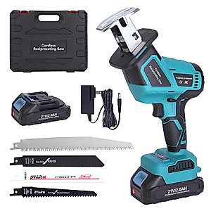 LAKIX Cordless Reciprocating Saw, 21V 2- Speed Mode Cordless(Brushless Motor) with 2Ah Battery & Charger and 4 Saw for Wood/Metal/PVC Cuting
