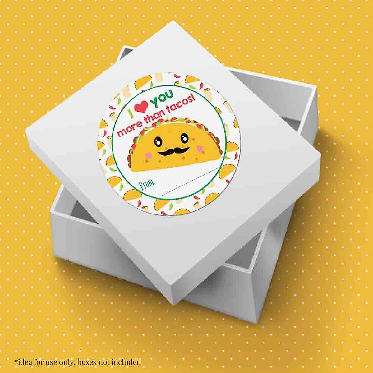 “I Like You More Than Tacos” Taco-Themed Valentine Party Favor Sticker Labels, 40 2" Party Circle Stickers by AmandaCreation, Great for Classroom Valentines, Envelope Seals, Gifts & Treats