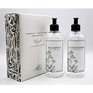 Modern Refillable Shampoo and Conditioner Dispensers by AylaMae | 500ml / 16.9oz PET Plastic Bottles (Clear with Printed Labels)
