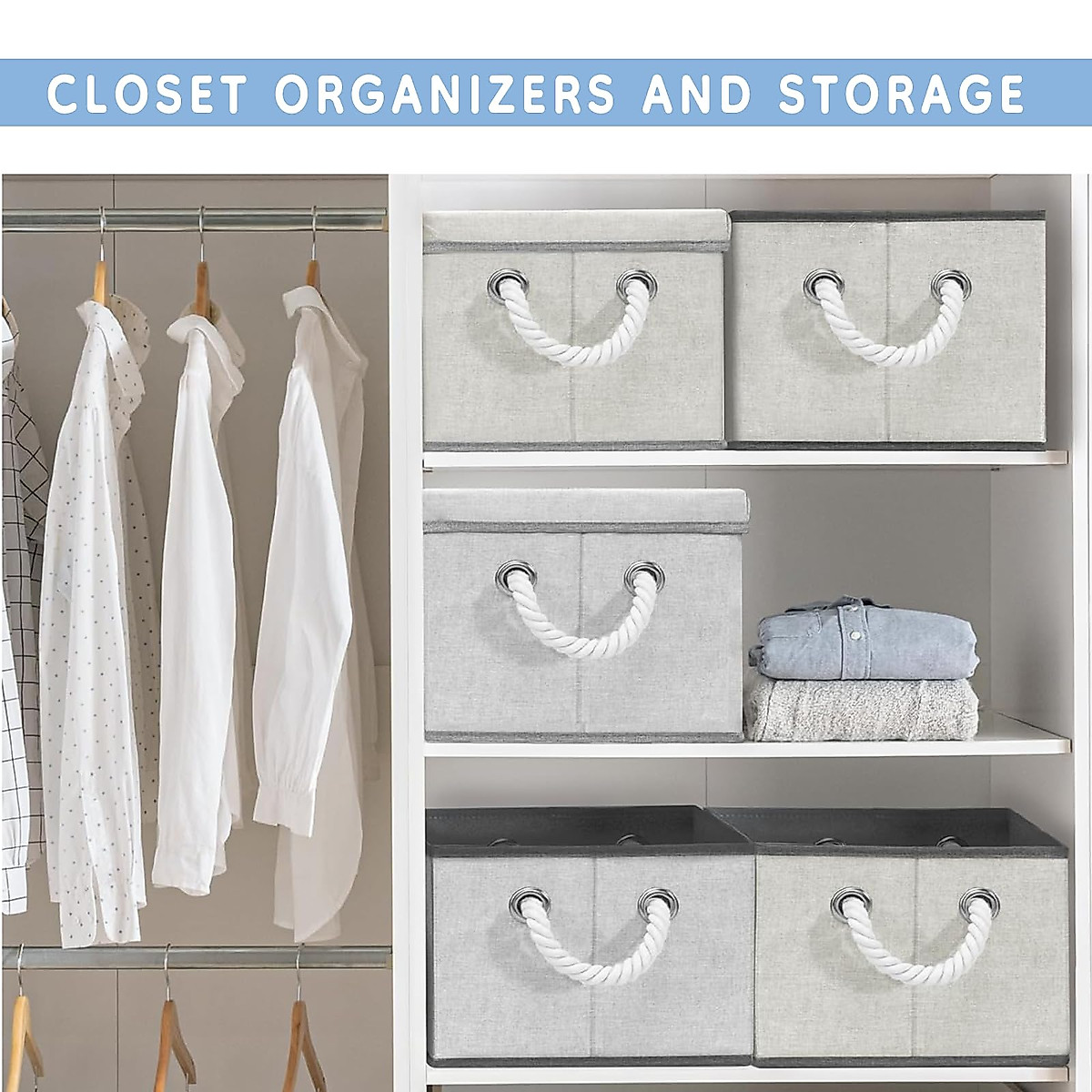 Large Fabric Storage Bins with Lids 3 Pack | Storage Bins for Shelves and Closet Organizers | Folding Rectangle Storage Bins with Handles for Cloth and Magazine,Gray,15"W x 10.5"D x 8.5"H
