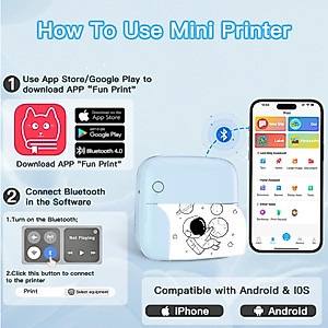 Mini Printer Sticker Printer Print Pod with 6 Rolls Sticker Paper, Seven Color Lighting Modes for DIY Scrapbook, Travel, Notes, Label, Memo, Compatible with iOS&Android