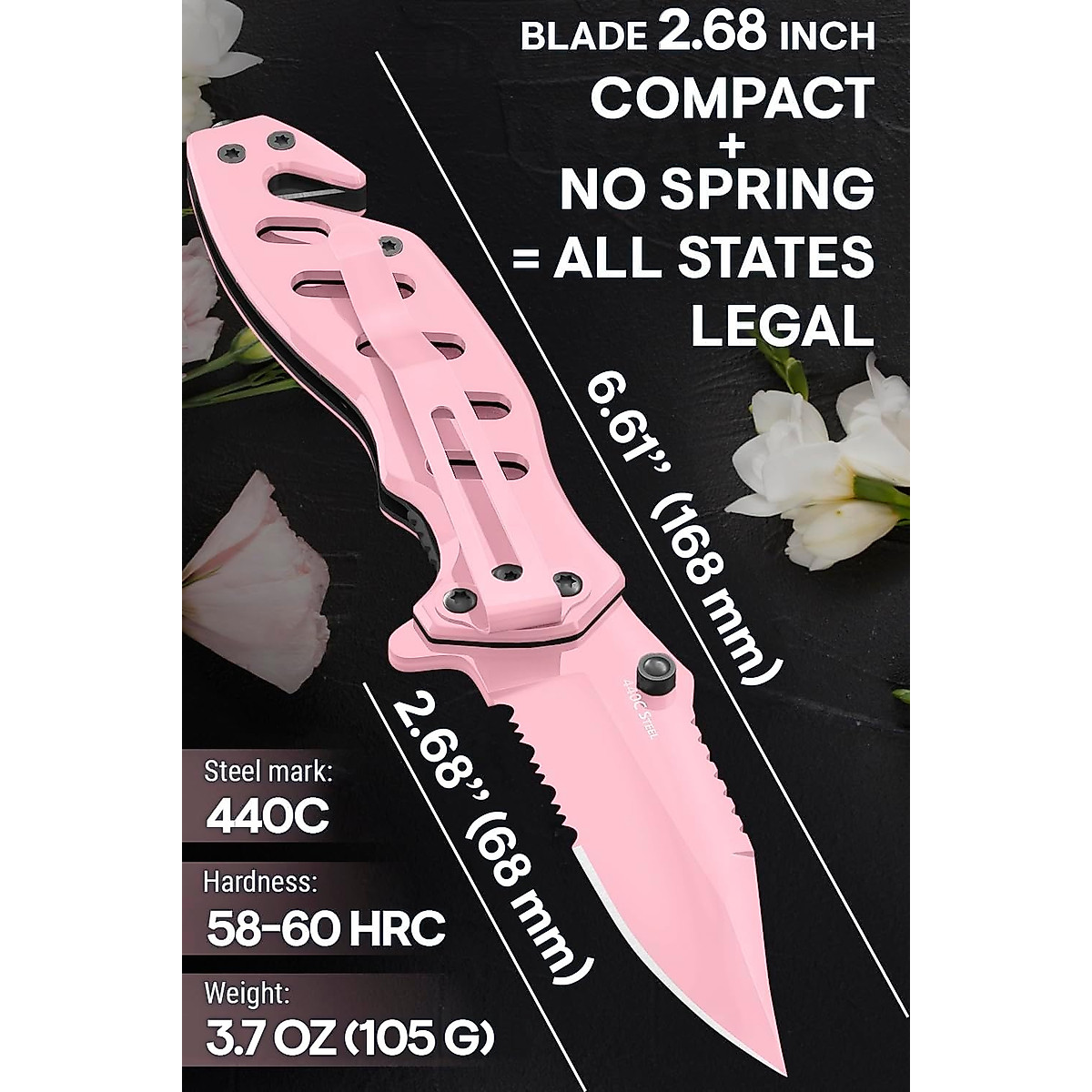 Pink Pocket Knife for Women - Legal Small Knife - 2.68 Inch Serrated Blade - Womens Knife for Self Defense - Cute Girl Survival Tool Pocket & Folding Knives - Mothers Day Gift Idea - 6655 P