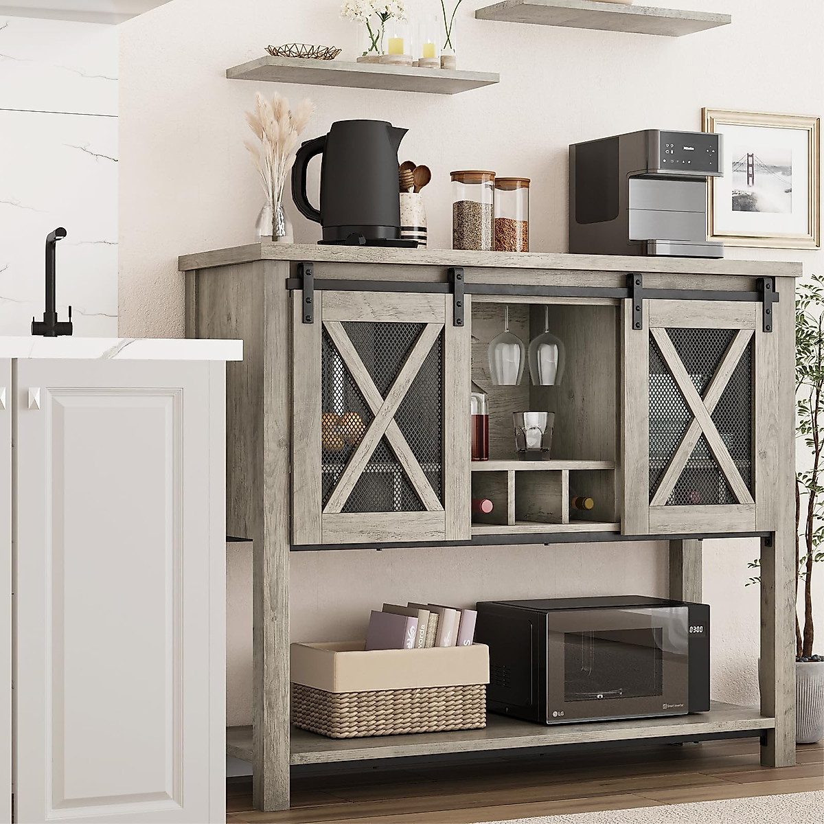 IDEALHOUSE Coffee Bar Cabinet, Sideboard Buffet Storage Cabinet with Storage, Farmhouse Wine Bar Cabinet with Wine Glass Rack, Liquor Cabinet Bar for Home, Kitchen, Dining, Living Room