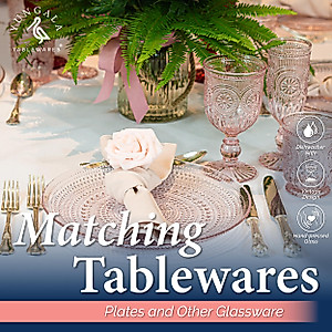 Yungala Pink Glassware Set of 6 Pink Wine Glasses and 4 Glass Plates - Vintage Wine Glasses with Hobnail Plates - Matching Pink Glassware Sets for Easter