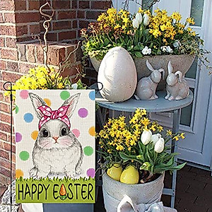 CROWNED BEAUTY Happy Easter Bunny Garden Flag 12x18 Inch Double Sided for Outside Burlap Small Polka Dots Yard Holiday Decoration CF705-12