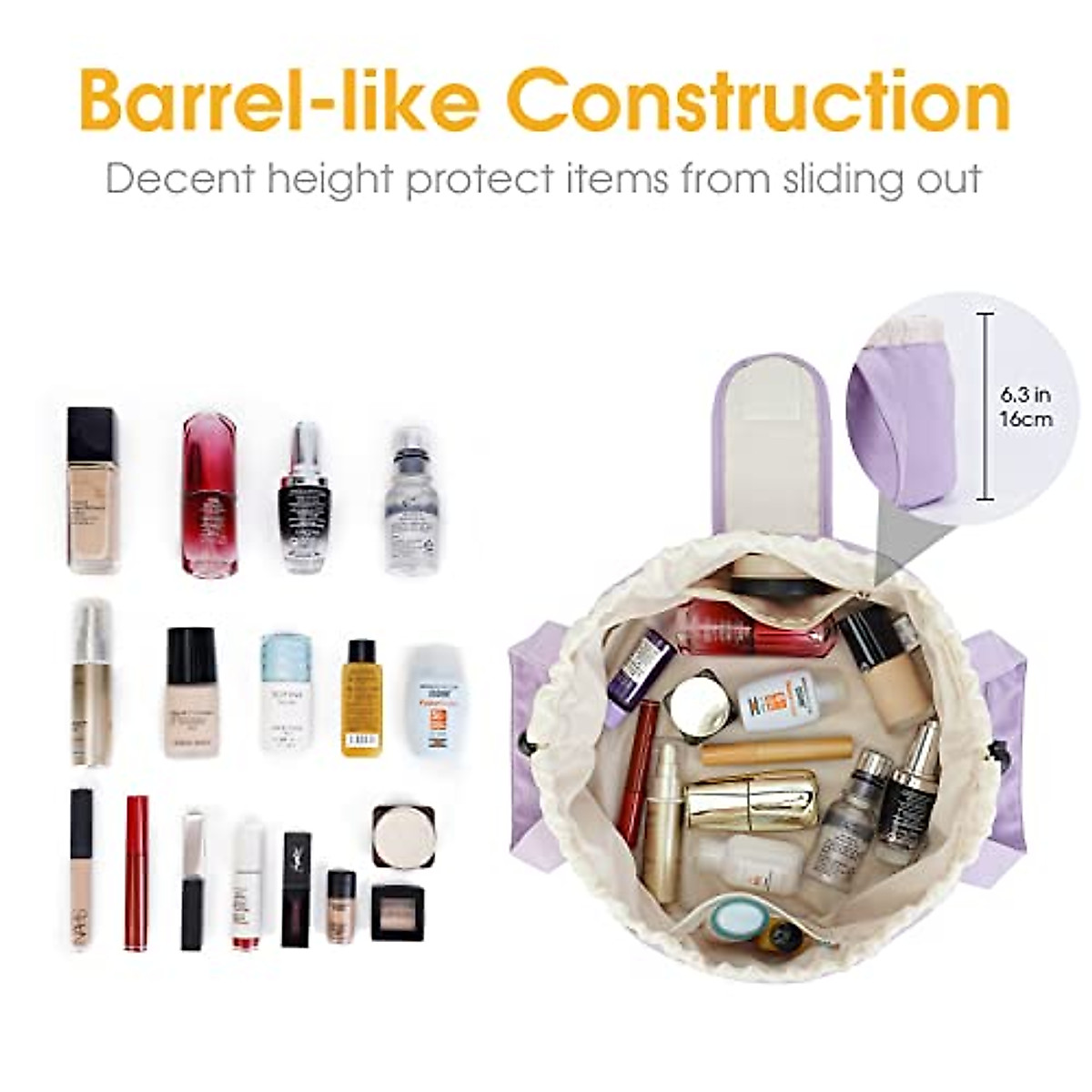 Barrel Drawstring Makeup Bag Large Cosmetic Bag Toiletry Organizer for Women (Purple)