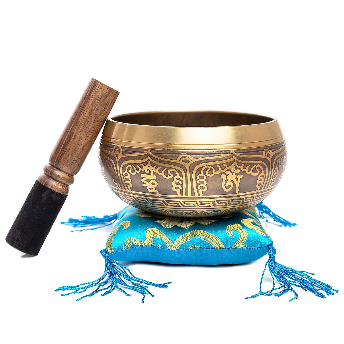 Tibetan Singing Bowl Set - Easy To Play Authentic Handcrafted For Meditation Sound Chakra Yoga Healing 4 Inches By Himalayan Bazaar (Gold & Turquoise)