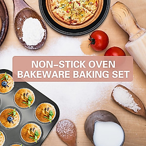 PINVNBY Baking Pans Set,Nonstick Bakeware Set with Baking Sheet, Muffin Pan, Round Cake Pan, Pizza Pan, Kitchen Oven Pan Baking Sheet Set, Complete Carbon Steel Bakeware Set (4 Pieces)