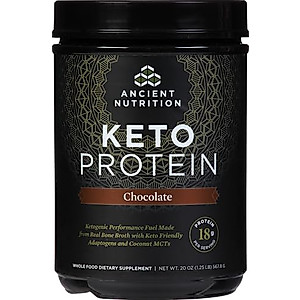 Ancient Nutrition Keto Protein Powder, KetoPROTEIN with Fats from Bone Broth and MCT Oil, Chocolate, 18g Protein 10g Fat Per Serving, Gluten Free, Low Carb, Paleo Friendly, 17 Servings