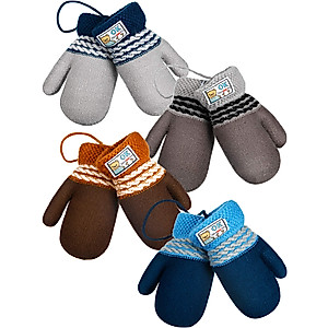 SATINIOR 4 Pairs Fleece Toddler Mittens with String 1-3 Years Fleece Baby Mittens Winter Lining Infant Gloves Warm Thermal Gloves for Baby Kid Toddler