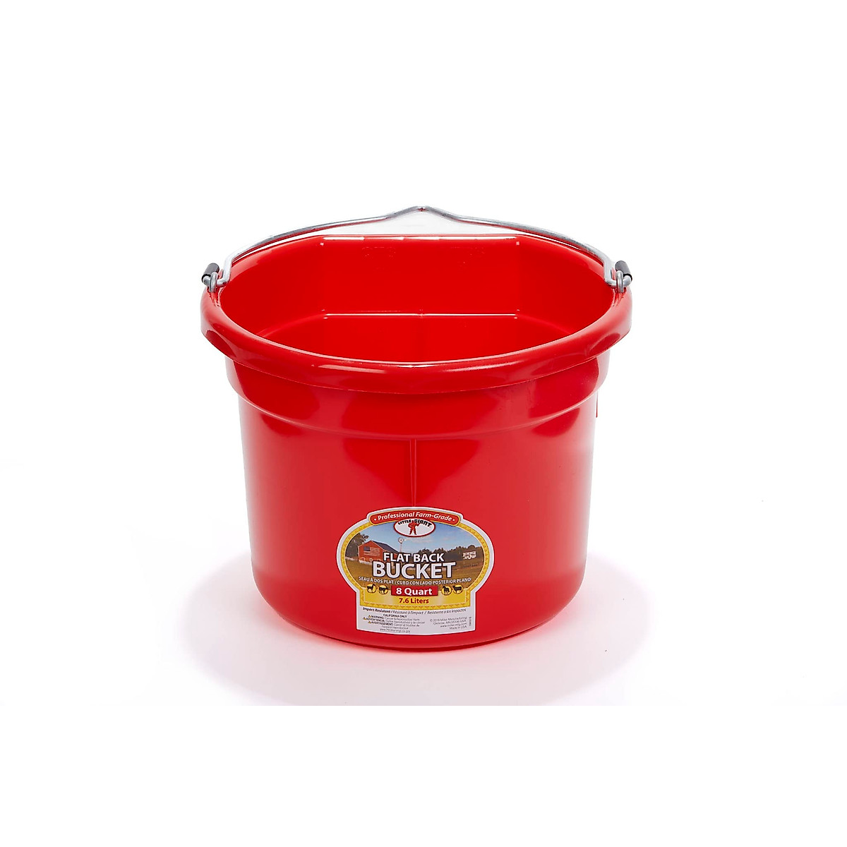 Little Giant® Flat Back Plastic Animal Feed Bucket | Animal Feed Bucket with Metal Handle | Horse Feed & Water Bucket | 8 Quarts | Red