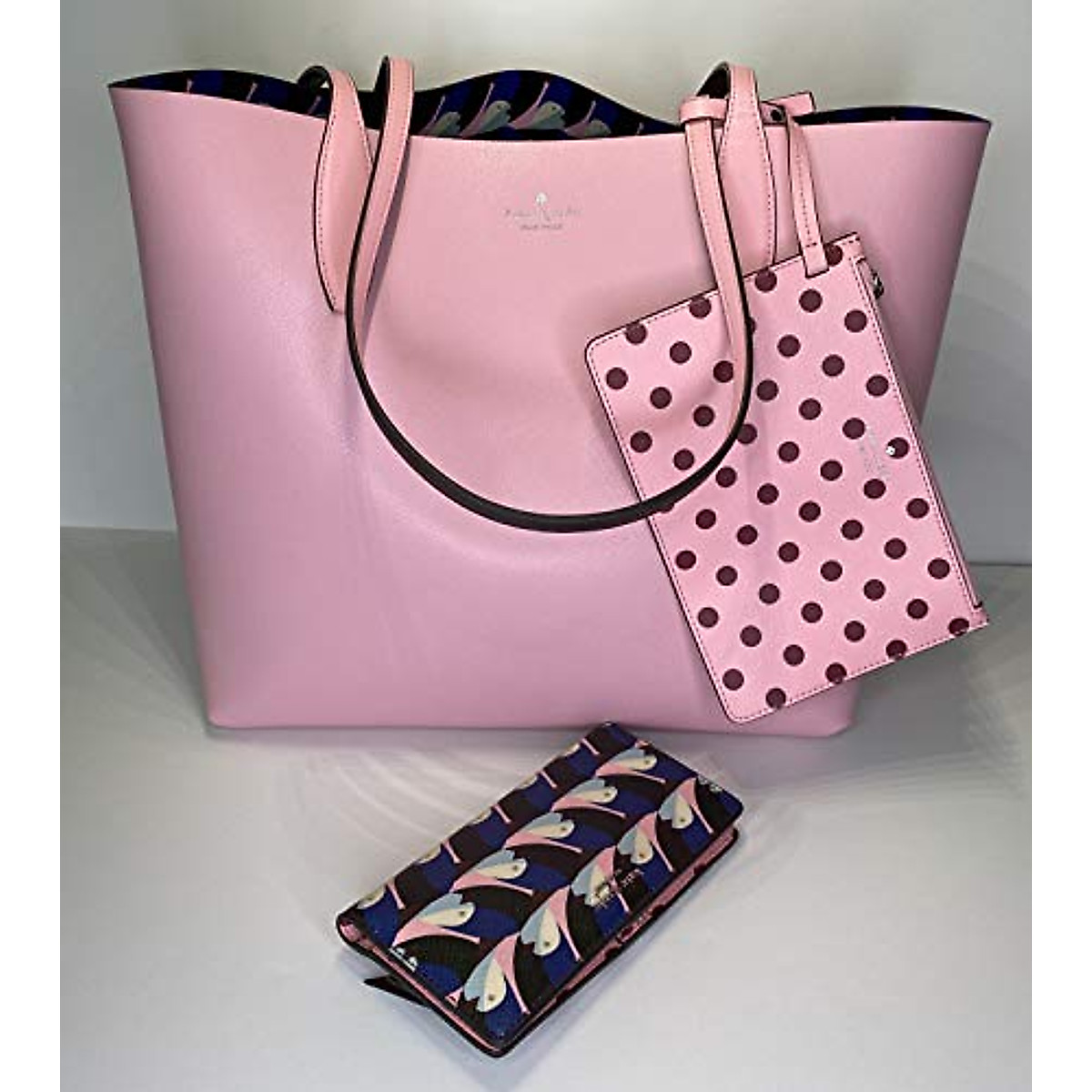 Kate Spade New York Arch Love Birds Large Reversible Tote bundled with matching Large Slim Bifold Wallet (Pink/Blue/Geo Birds)