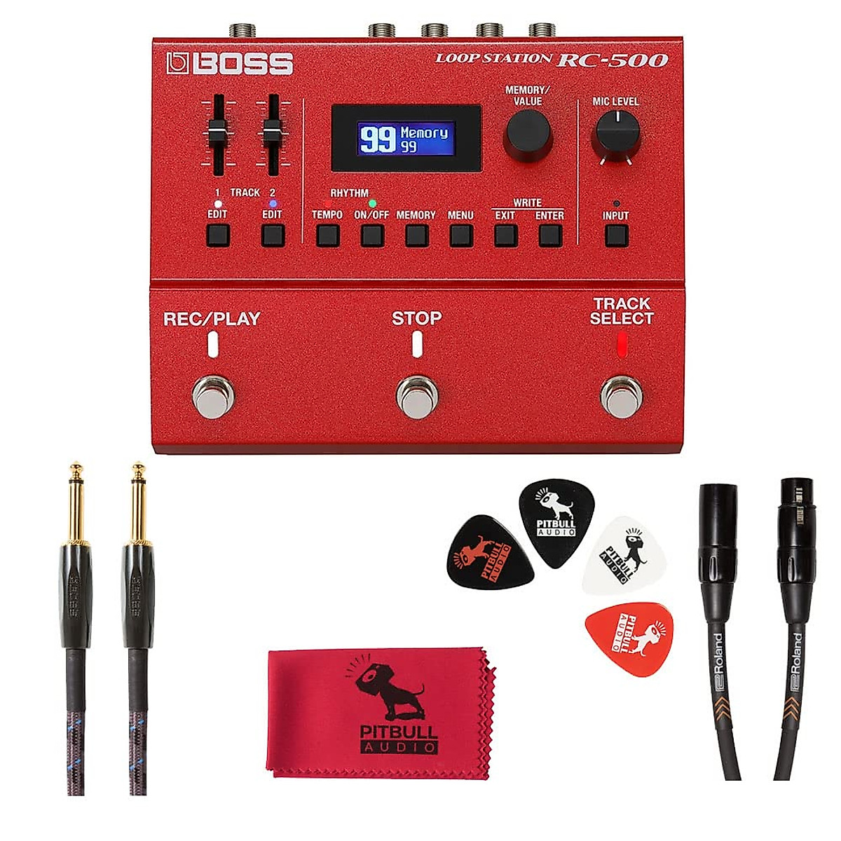 Boss RC-500 Looper Pedal Bundle with a BIC Instrument Cable, 1/4 Straight to Same, RMC-B15 Series Microphone Cable, XLR Male to XLR Female, Picks and a Fiber Cloth