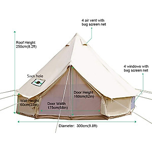 PlayDo 3M/9.8ft 4 Season Cotton Canvas Bell Tent Camping Yurt Tent Huning Wall Tent with Top Stove Hole for 2 Person