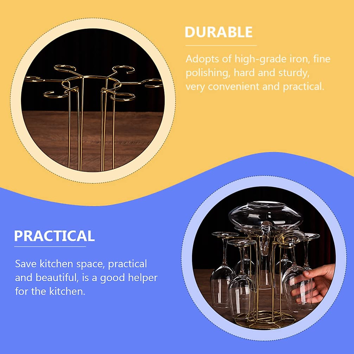 DOITOOL Wine Glass Holder Stand, Countertop Freestanding Stemware Drying Rack Vertical Wine Glass Display Storage Rack Tabletop Glass Display Hanger with 6 Hooks for Bar Kitchen Table, Gold