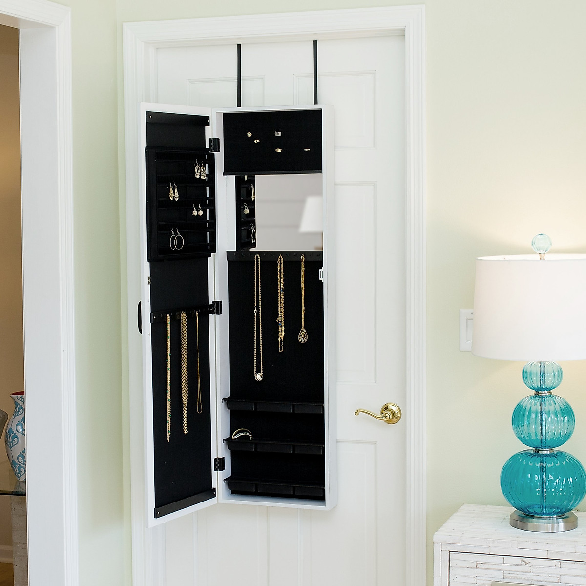 FirsTime & Co. White Eloise Jewelry Armoire, Necklace Organizer for Bedroom Storage, Full Length Mirror Wall Vanity, Wood, Farmhouse, 43 x 14 inches