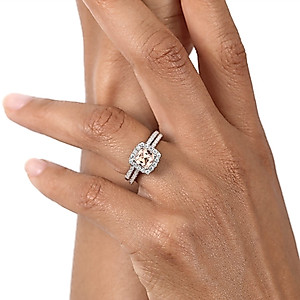 Gem Stone King 925 Sterling Silver Cushion Peach Morganite and Moissanite Wedding Engagement Ring Band Bridal Set For Women (1.34 Cttw, Gemstone Birthstone, Available In Size 5, 6, 7, 8, 9)