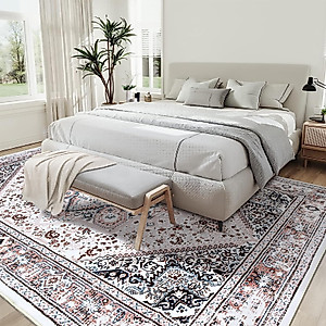 GAOMON Washable Area Rug 8x10 Bohemian Rug Soft Low-Pile Washable Rug with Non-Slip Backing, Grey Plant Floral Pattern Vintage Rug for Living Room Bedroom Dining Home Office,8x10