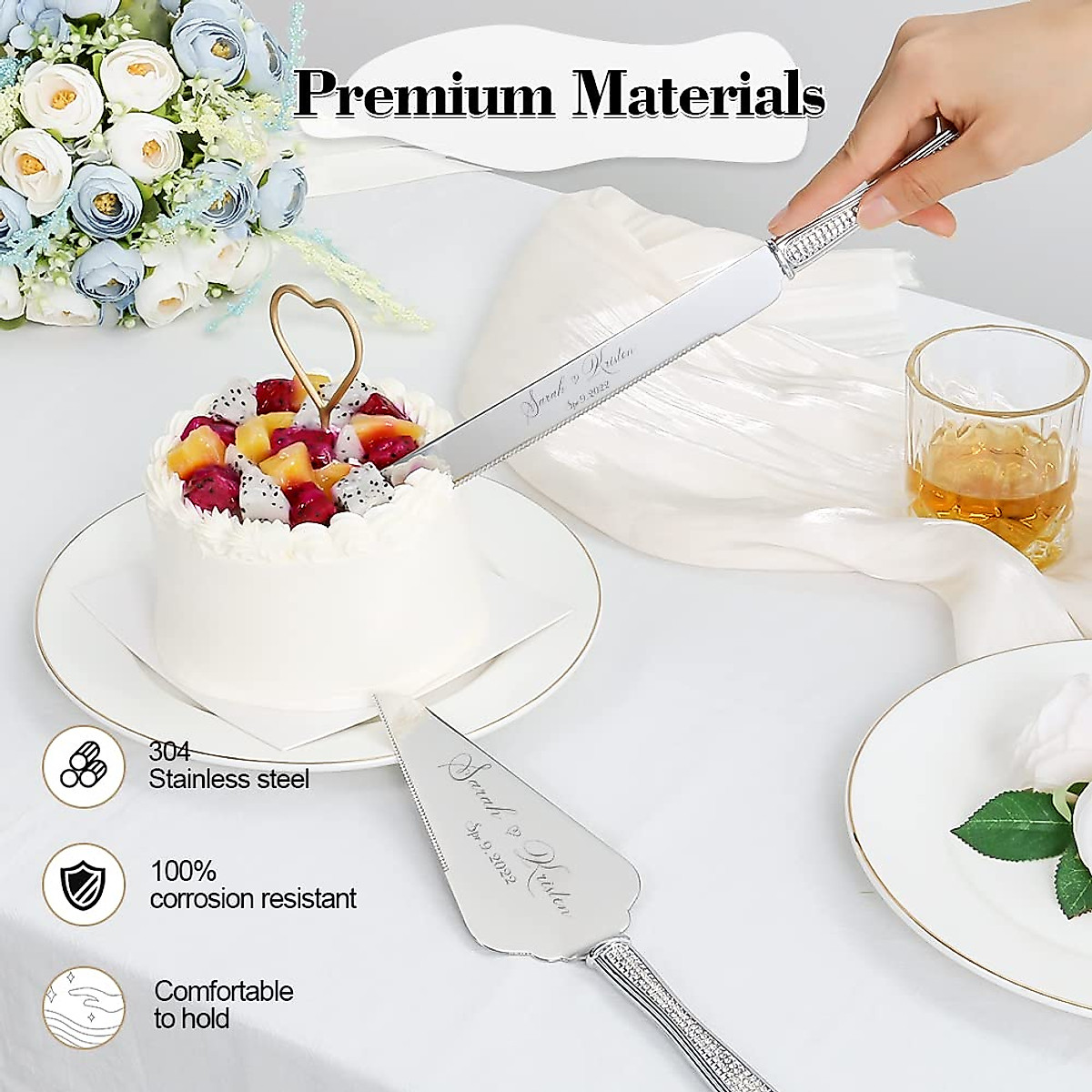 Wedding Cake Knife & Server Set, Personalized Diamond Cake Cutting Set, Gold Bridal Serving Set, Engraved Pastry Pie Server Pizza Cutter, Quinceañera Birthday Anniversary Classic Gift (Silver 2)