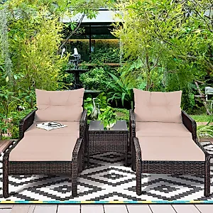 Tangkula Wicker Furniture Set 5 Pieces PE Wicker Rattan Outdoor All Weather Cushioned Sofas and Ottoman Set Lawn Pool Balcony Conversation Set Chat Set